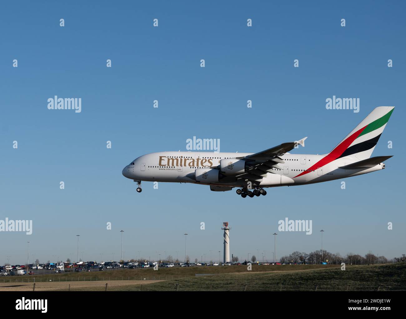 Emirates Airbus A380 landing at Birmingham Airport, UK (A6-EOP Stock ...