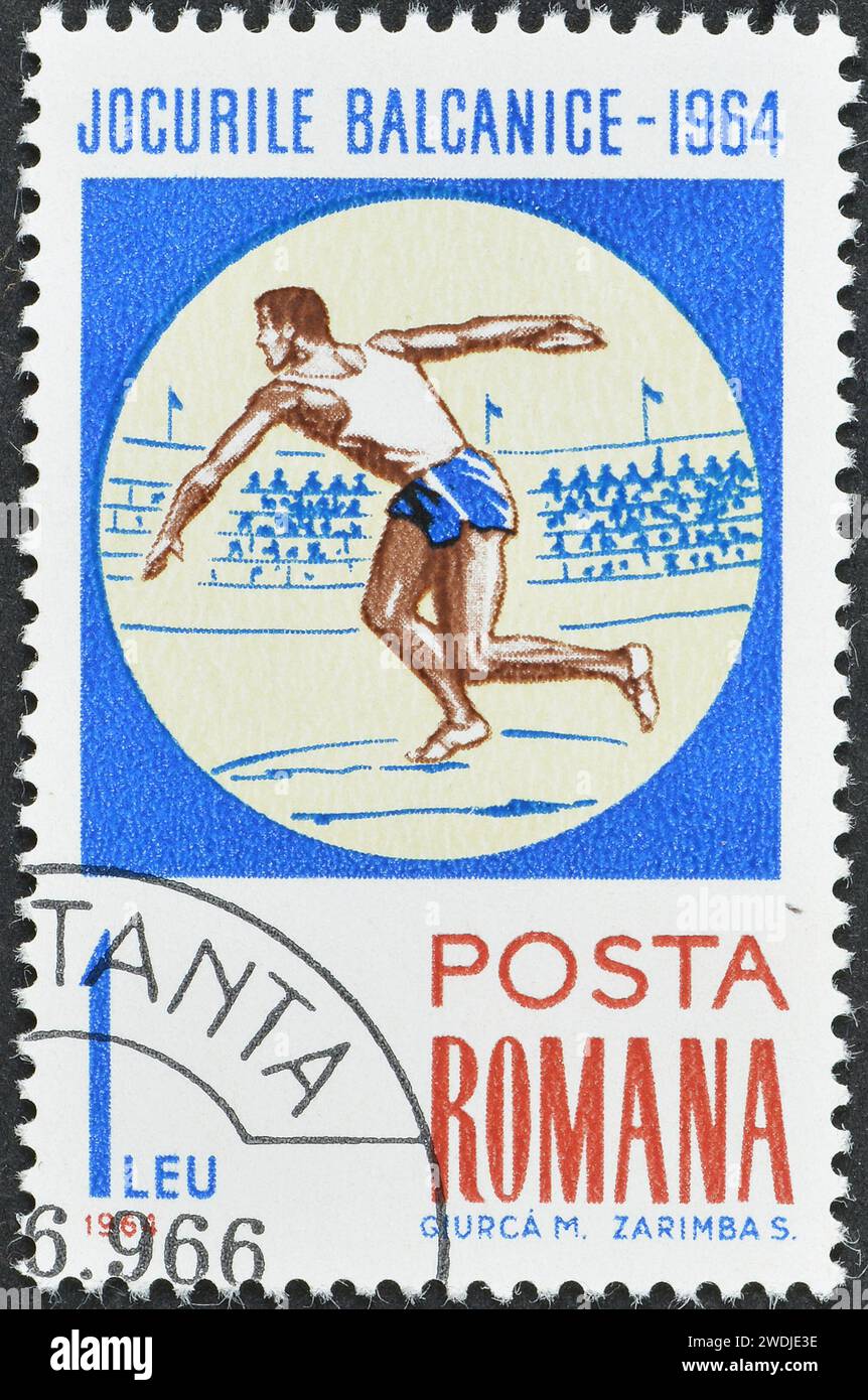 Cancelled postage stamp printed by Romania, that shows Discus throw ...