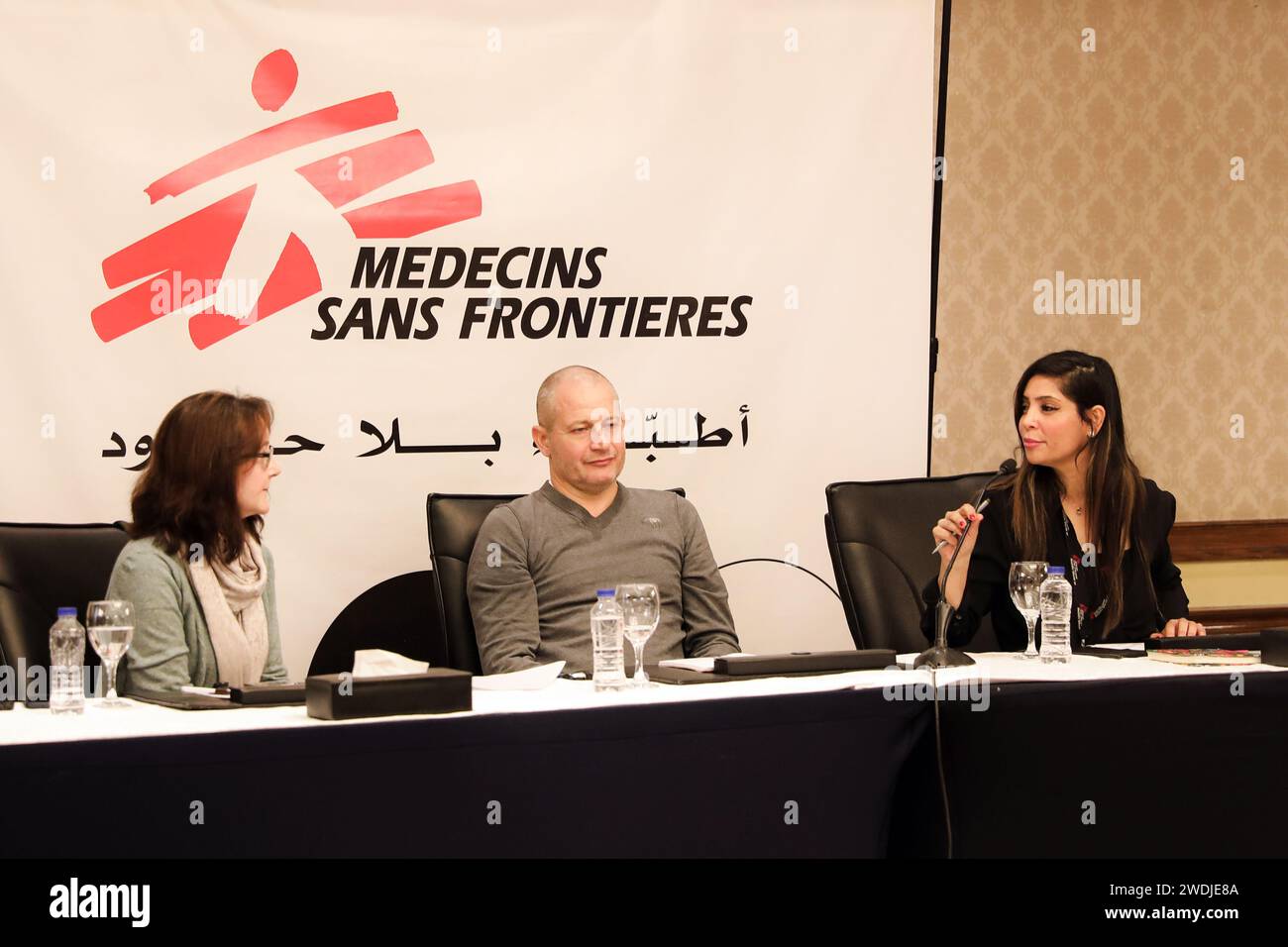 Cairo, Egypt. 19th Jan, 2024. Enas Abu-Khalaf (1st R), Medecins Sans Frontieres (MSF) head of ...
