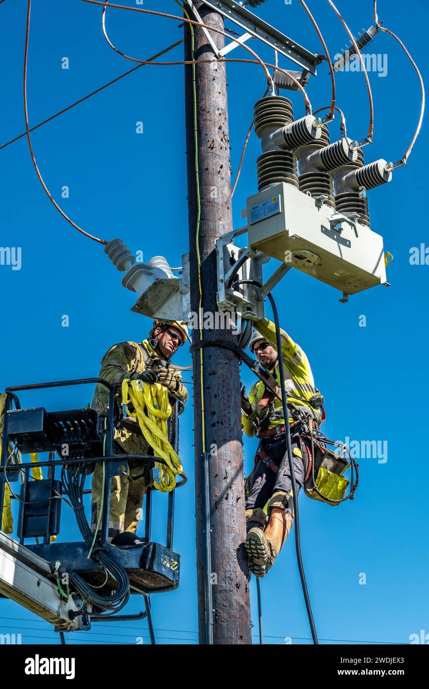 Electricity power line installation Stock Photo - Alamy