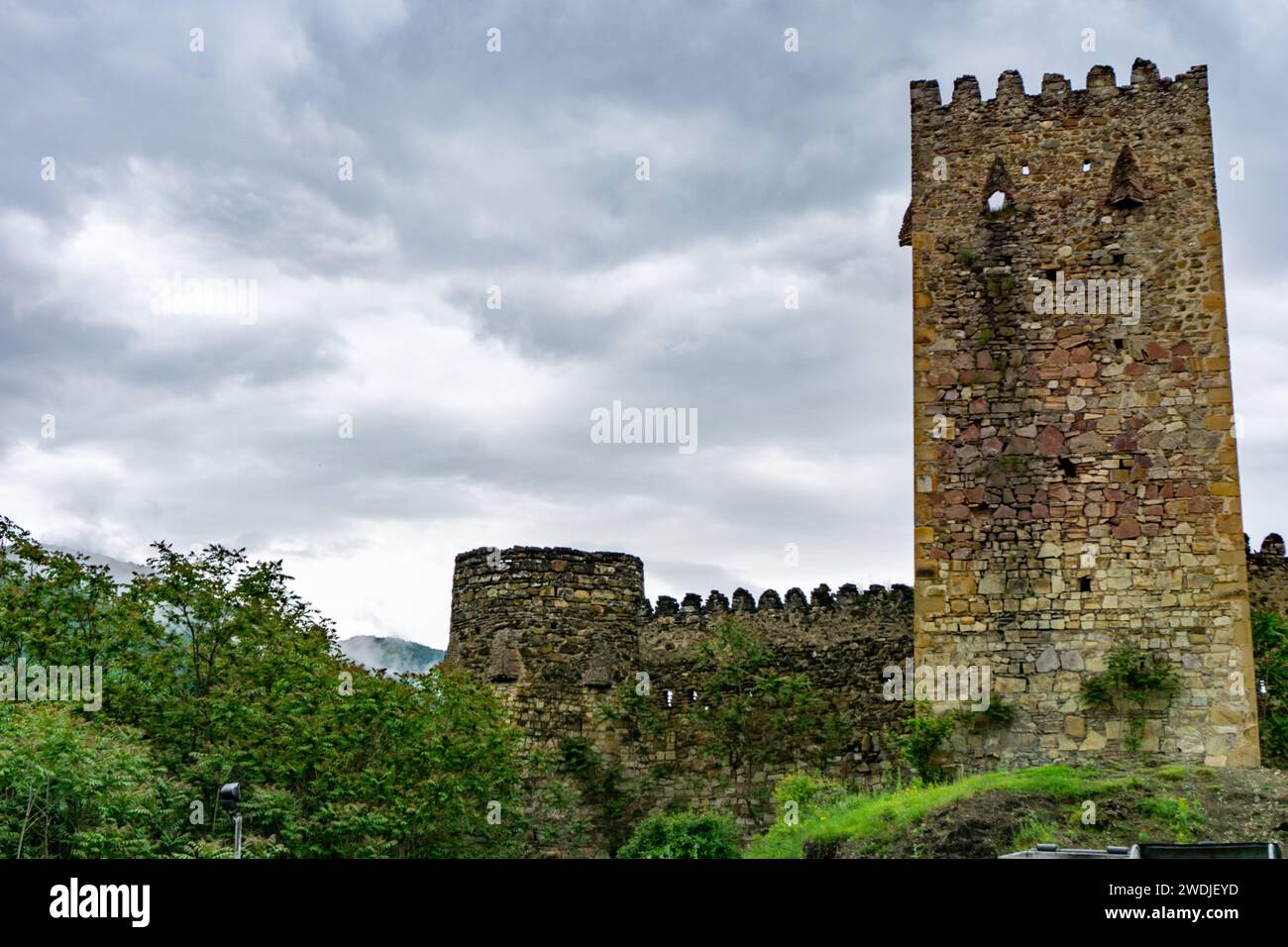 Tower of Ananuri monastery located at the Aragvi River in Georgia ...