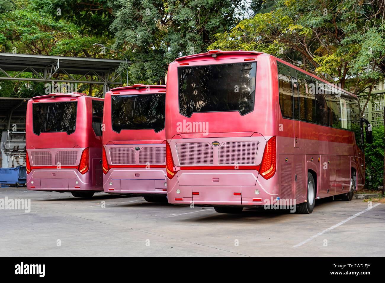 Red tourist buses in the parking lot, rear view against the backdrop of ...