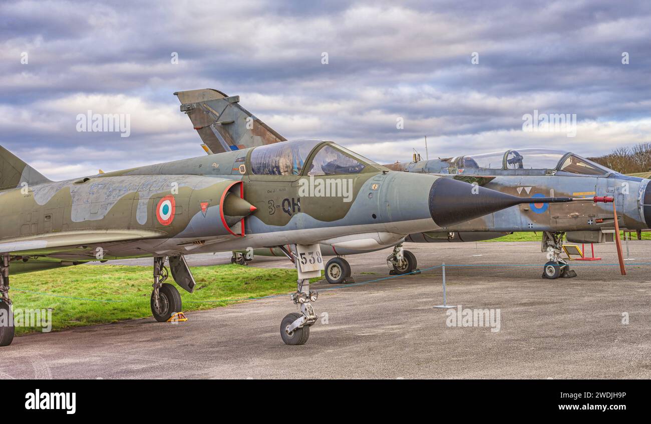 A French Mirage fighter aircraft on display at an air museum. A Tornado ...
