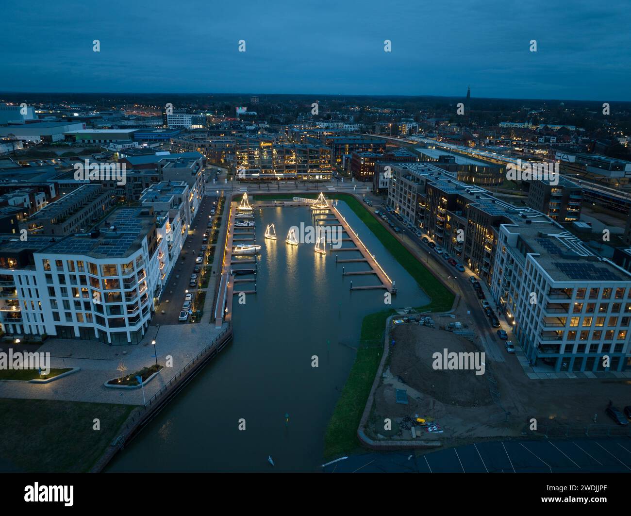 Aerial drone view of new build residential building at the Noorderhaven in Zutphen at dusk Stock ...
