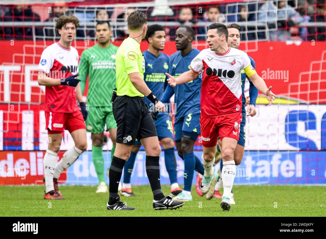 UTRECHT - (l-r) Referee Joey Kooij, Nick Viergever of FC Utrecht during the Dutch Eredivisie ...