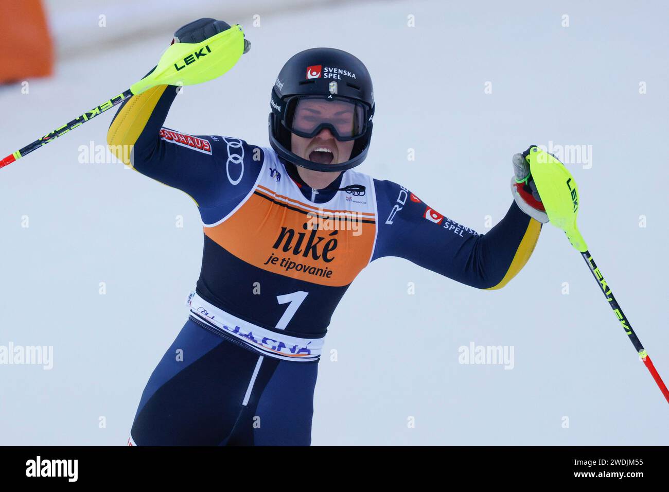 Sweden's Anna Swenn Larsson celebrates at the finish area of an alpine ...
