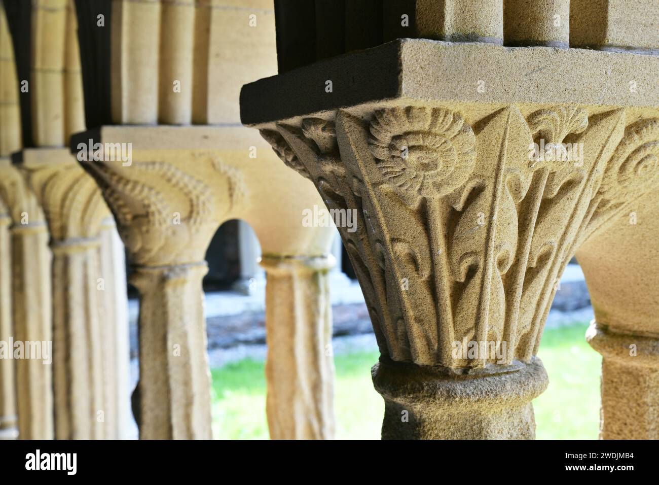 Decorated capitals in the cloisters of Iona Abbey, Isle of Iona ...