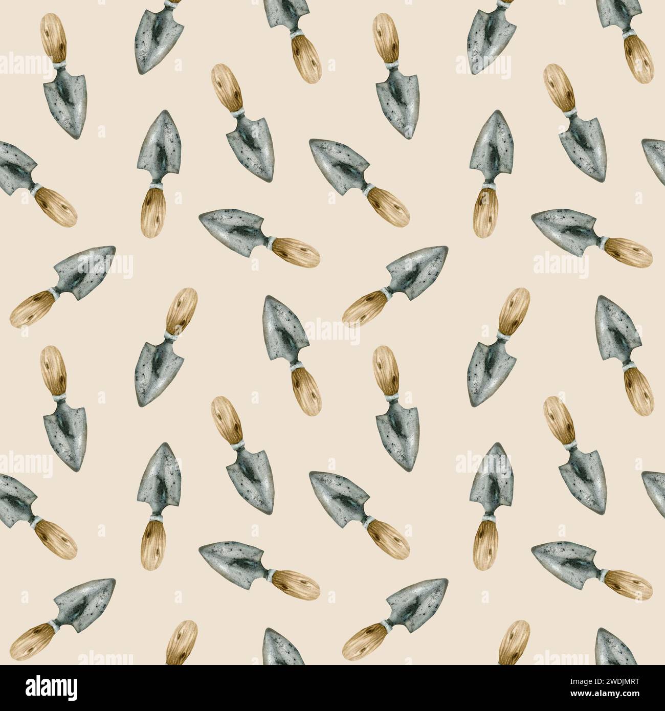 Watercolor hand drawn garden tools seamless pattern. Vintage metal ...