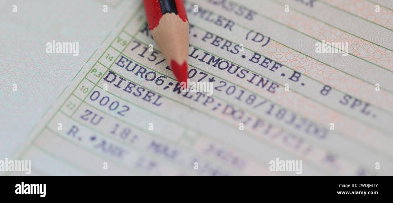 a vehicle registration document with the words (Diesel, Euro 6) and a ...