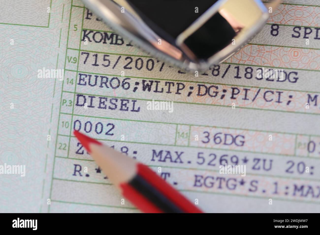 a vehicle registration document with the words (Diesel, Euro 6) and a ...