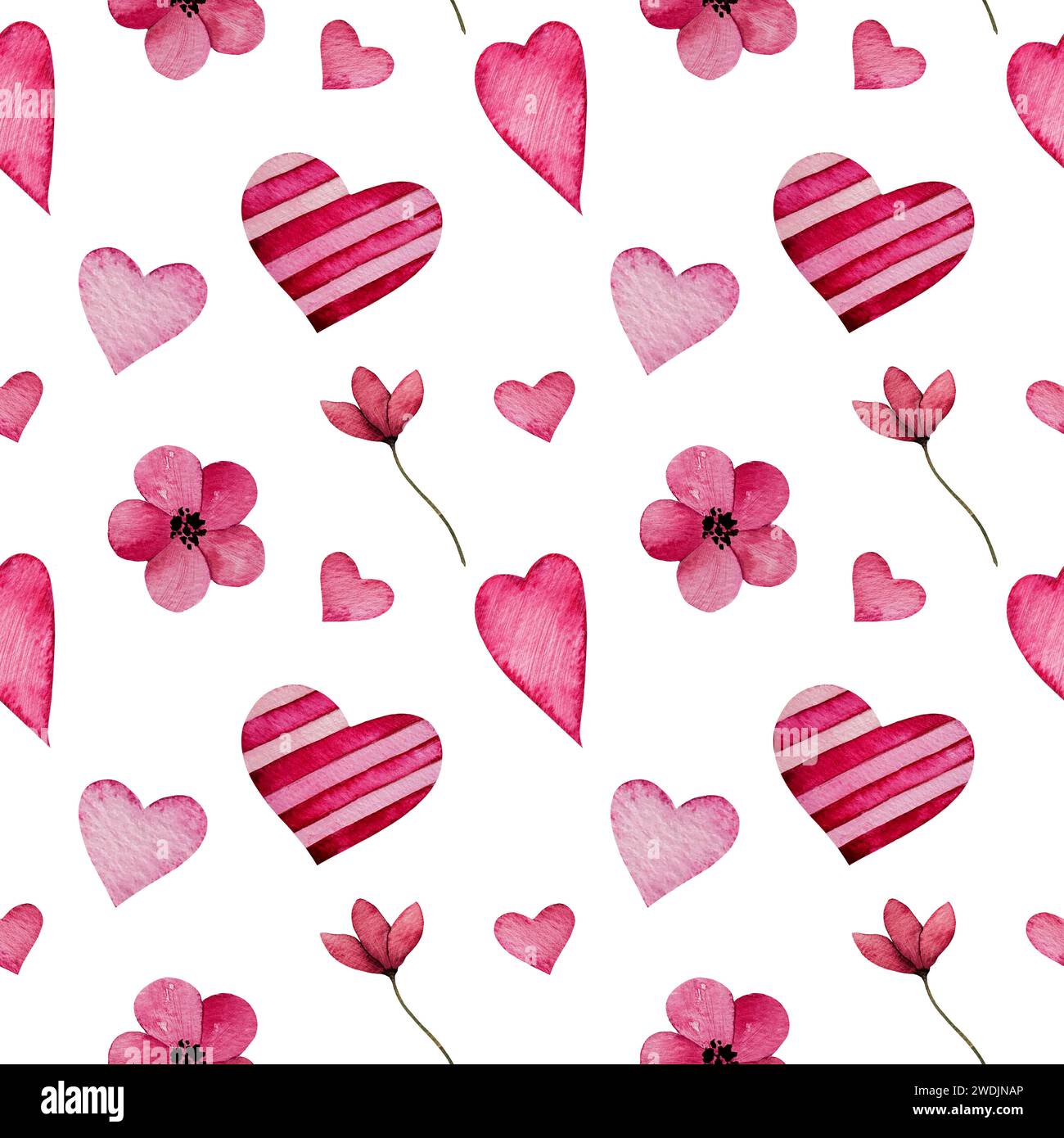 Seamless pattern with watercolor hearts and flowers. Hand drawn ...