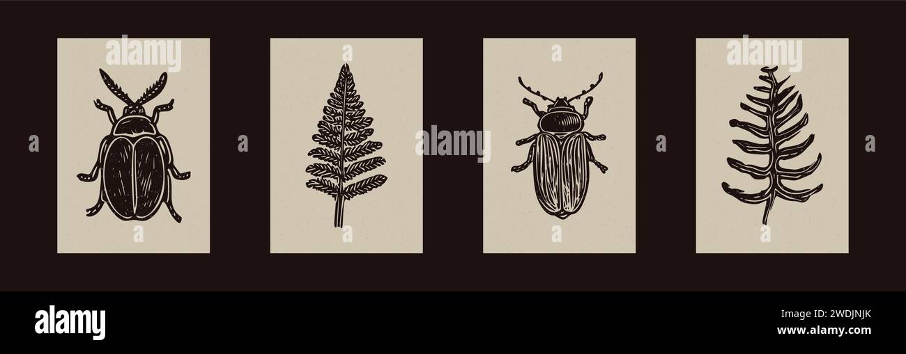 Handmade linocut bug fern vector motif clipart in folkart scandi style ...