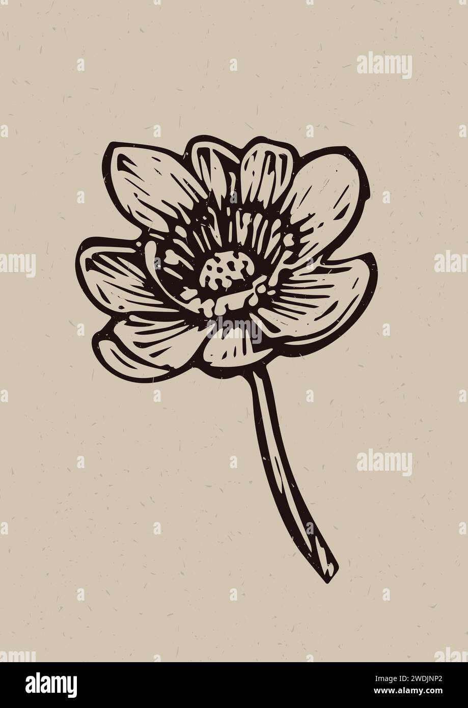 Handmade vector linocut flower motif clipart in folkart scandi style ...