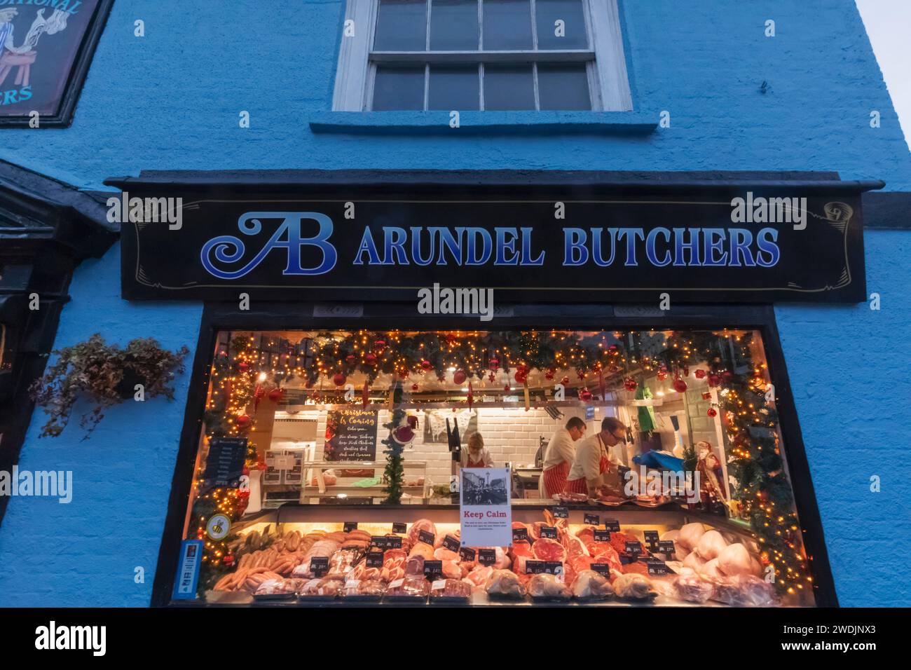 England, Sussex, West Sussex, Arundel, Traditional Butchers Shop Window ...