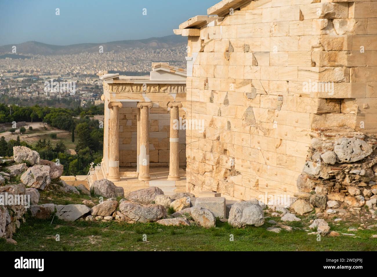 Temple of Athena Nike with columns on the Acropolis in Athens, Greece. Fully Ionic temple on the ...