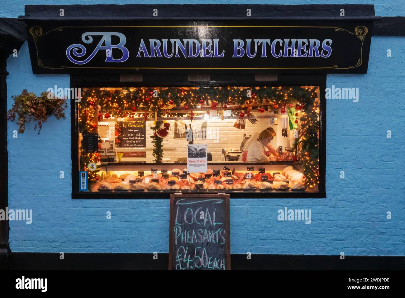 England, Sussex, West Sussex, Arundel, Traditional Butchers Shop Window ...