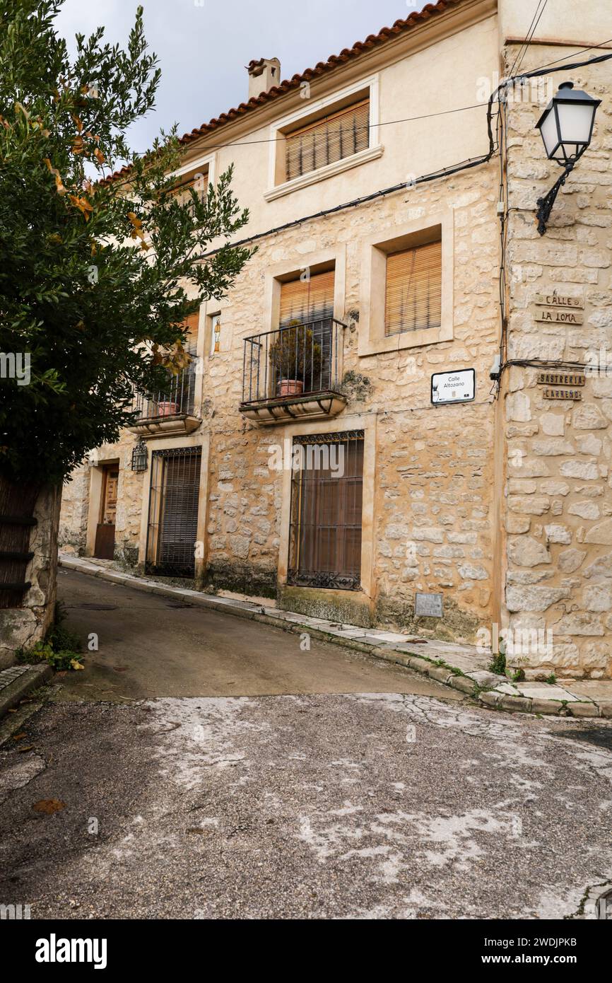 Priego, Cuenca, Spain- December 10, 2023: Cobbled streets and Facades ...