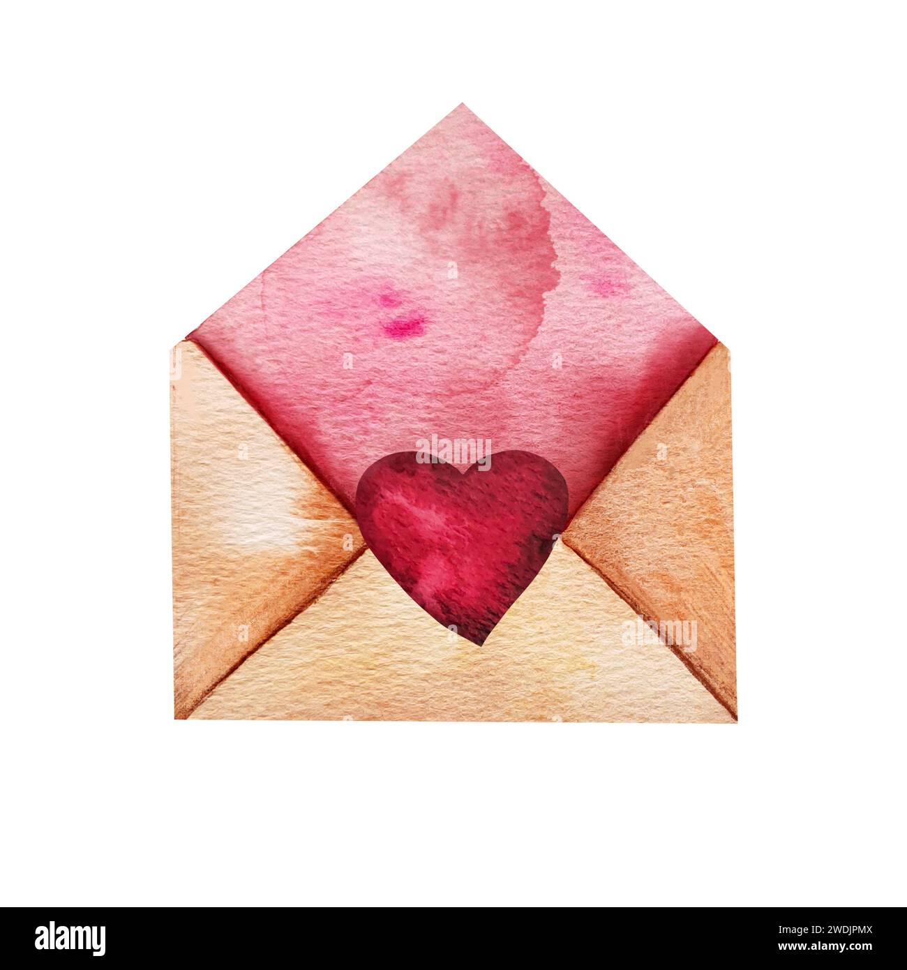 Watercolor envelope with red hearts. Hand drawn love letter ...