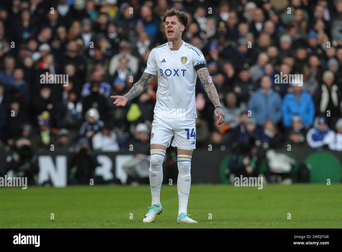 Leeds, UK. 21st Jan, 2024. Joe Rodon of Leeds United gestures and ...