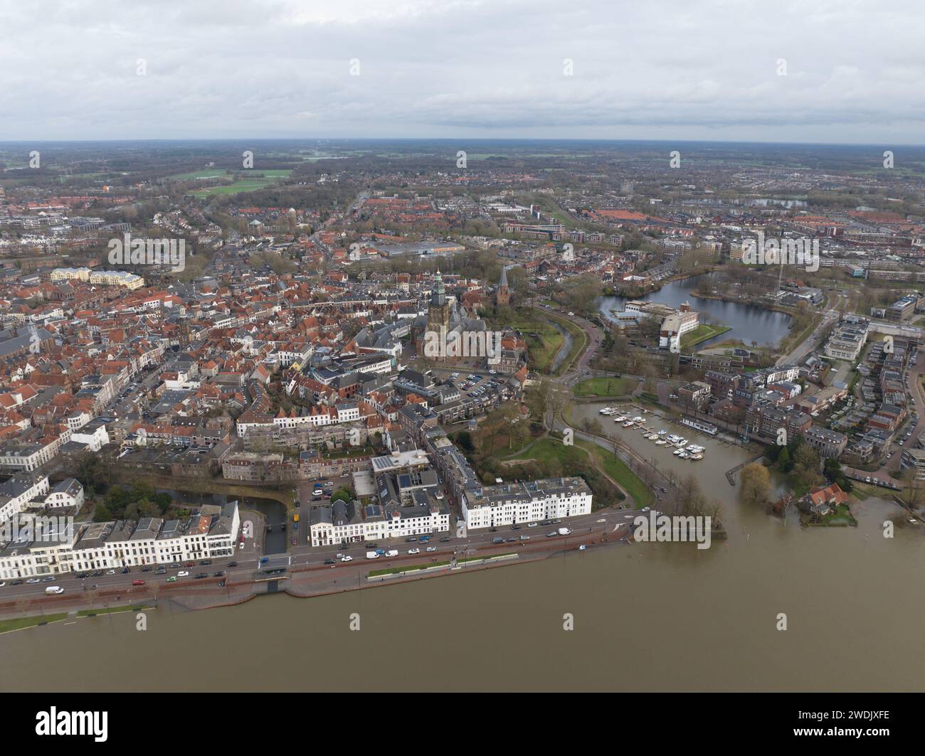 Aerial overview of the city of Zutphen, along the river Ijssel in ...