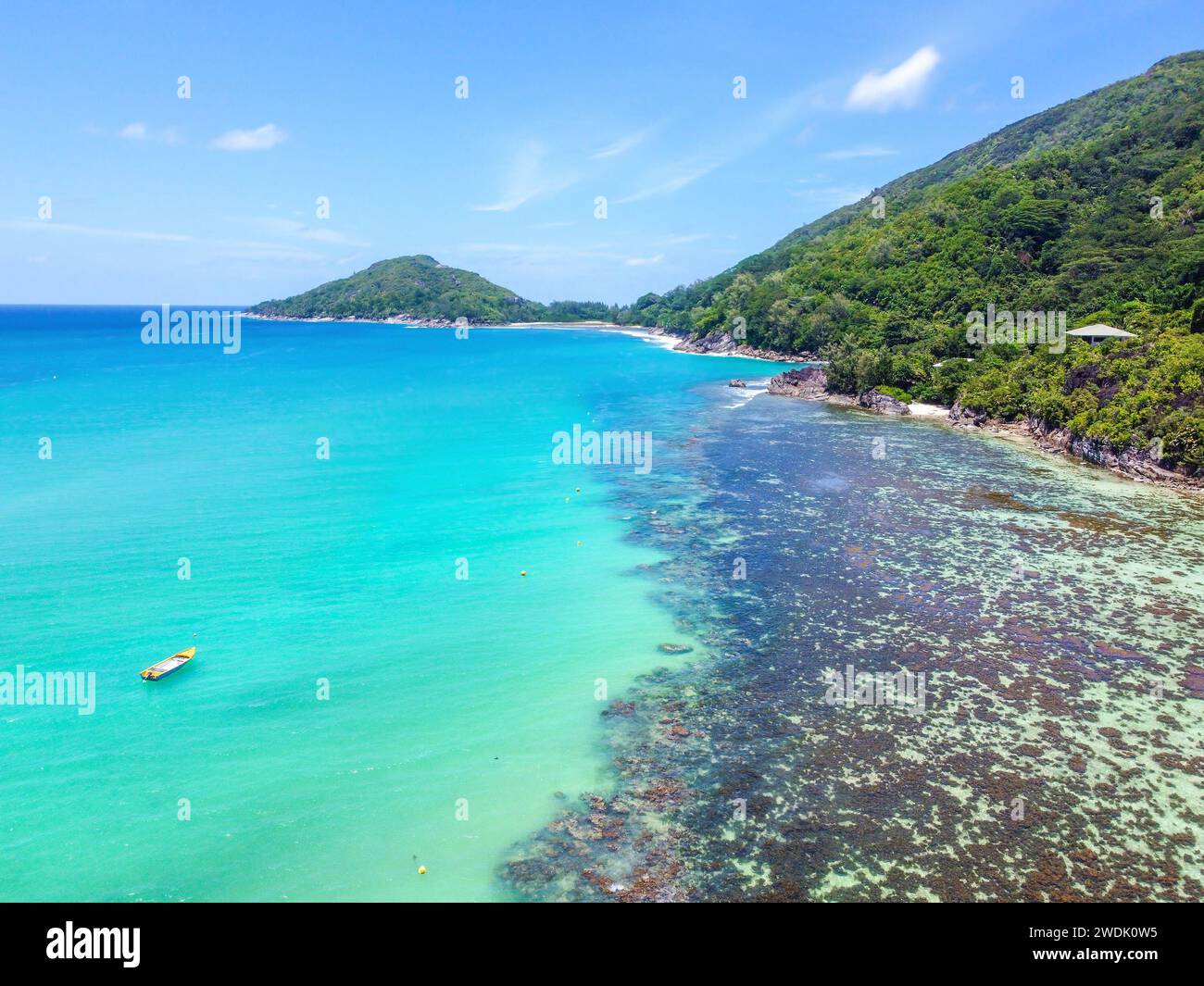 Aerial view of Port Launay beach in Mahe island, Seychelles Stock Photo ...