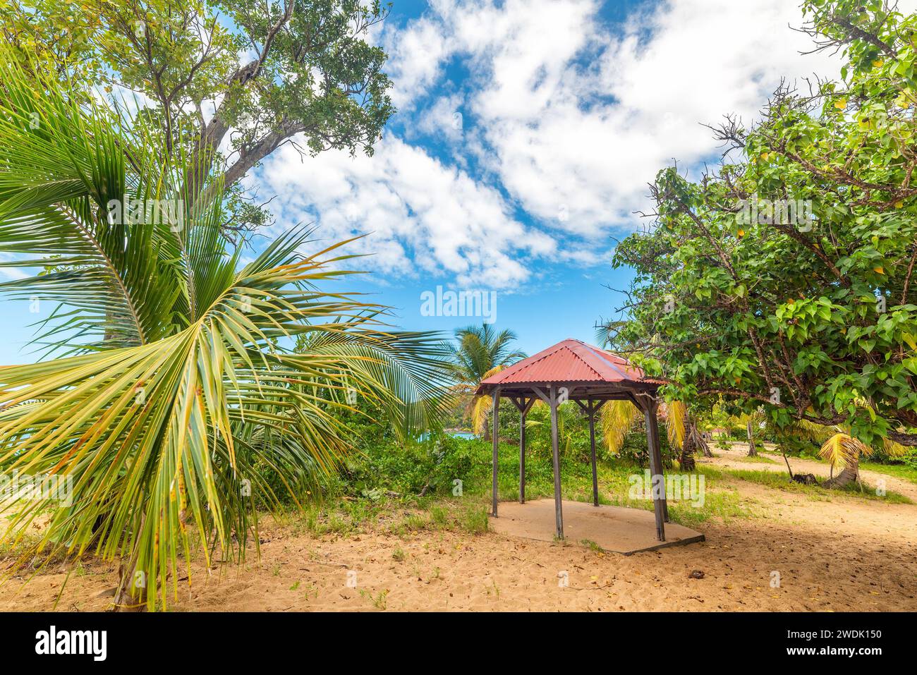 Gazebo by the sea in La Perle beach. Guadeloupe, Caribbean sea Stock ...