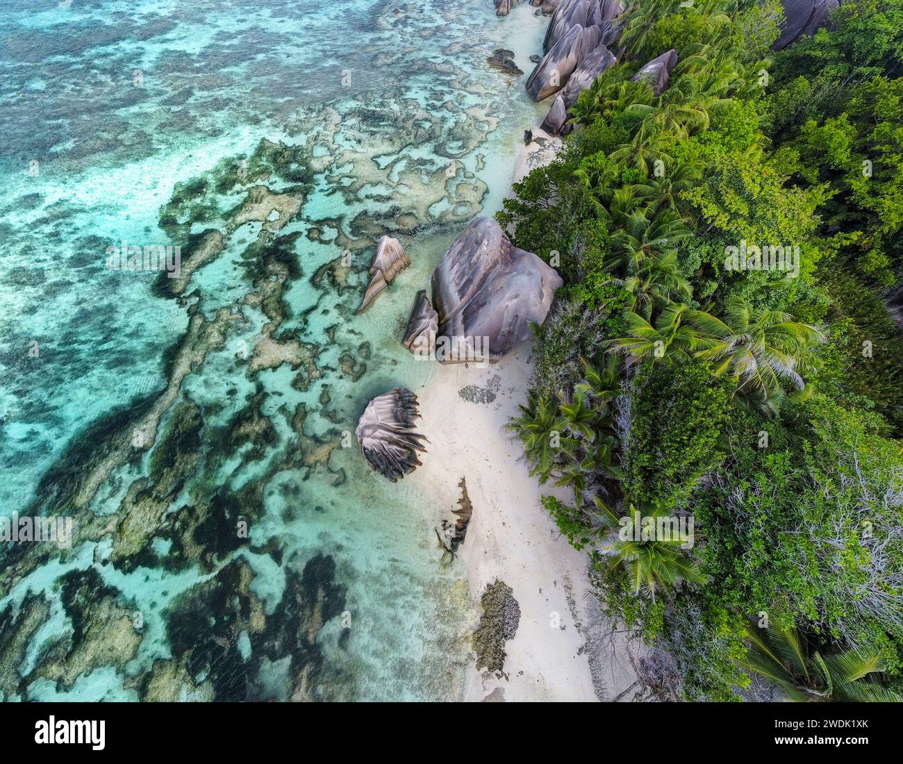 Aerial view of world famous Anse Source d'Argent coral reef. La Digue ...