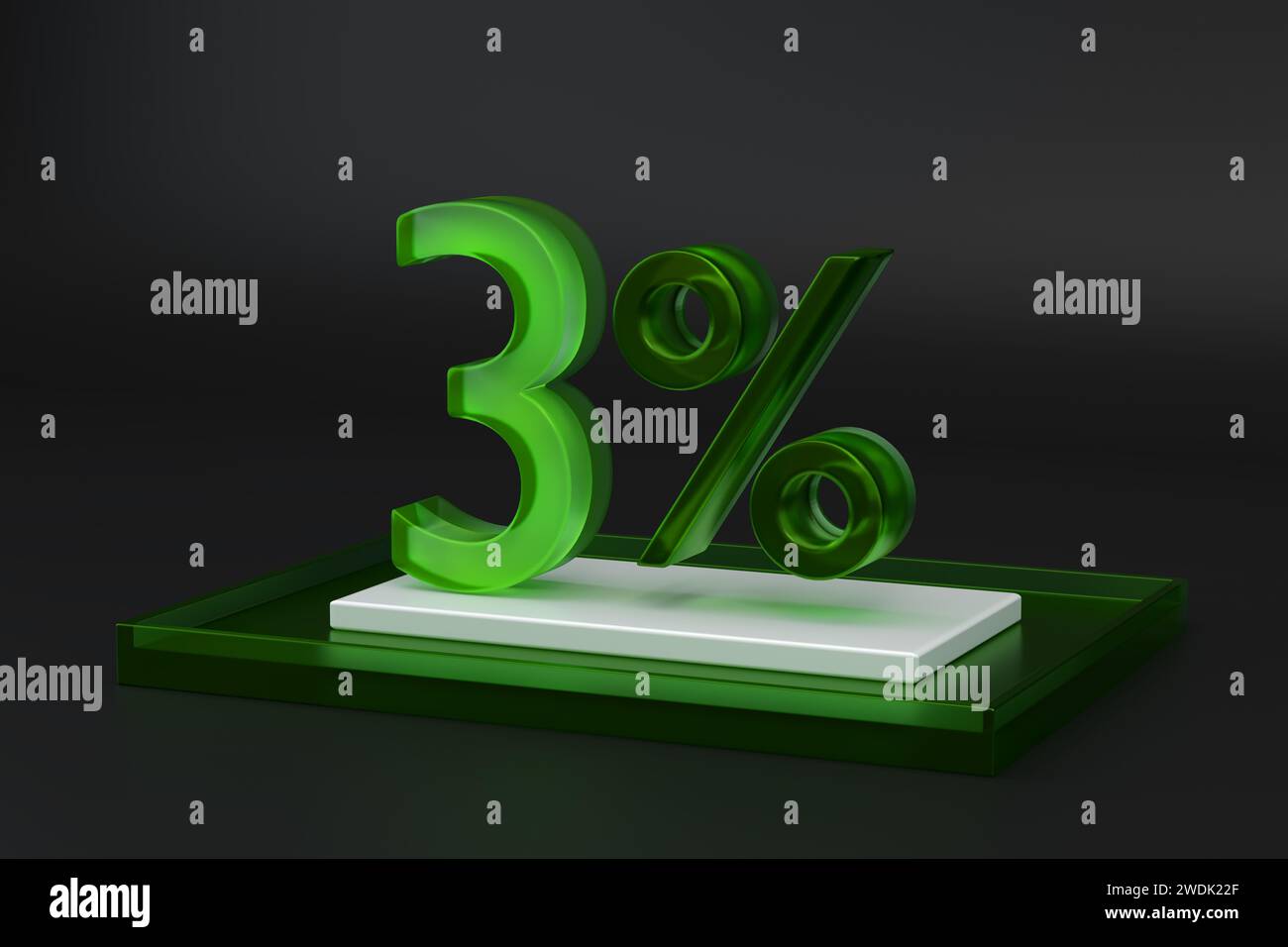 Green Glass three percent or 3 in black studio background Stock Photo ...