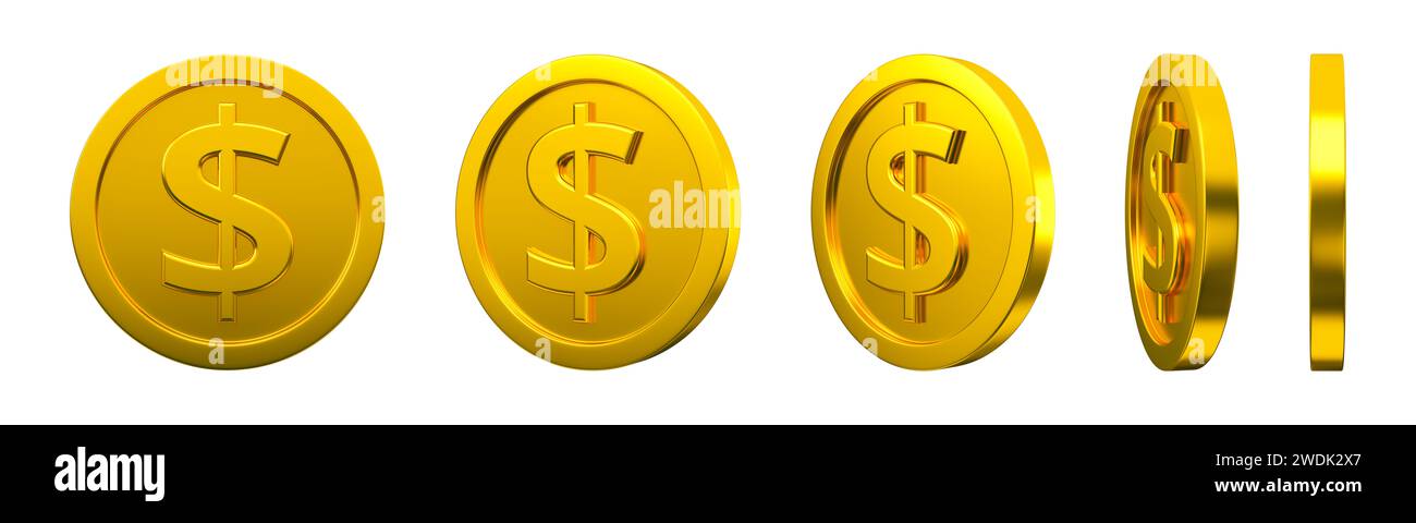 Golden dollar sign coin isolated. Currency money set concept. 3d ...