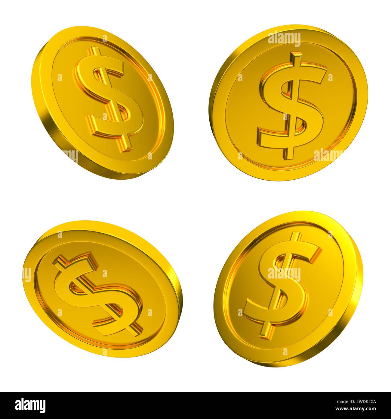 Golden dollar sign four coins isolated. Currency money set concept. 3d ...