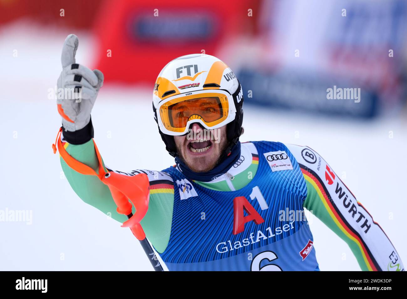 Germany's Linus Strasser celebrates at the finish area of an alpine ski ...