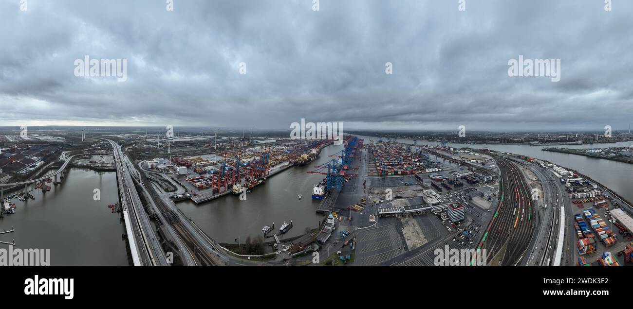 Hamburg, Germany, December 30th, 2023: 180 degrees panorama aerial ...