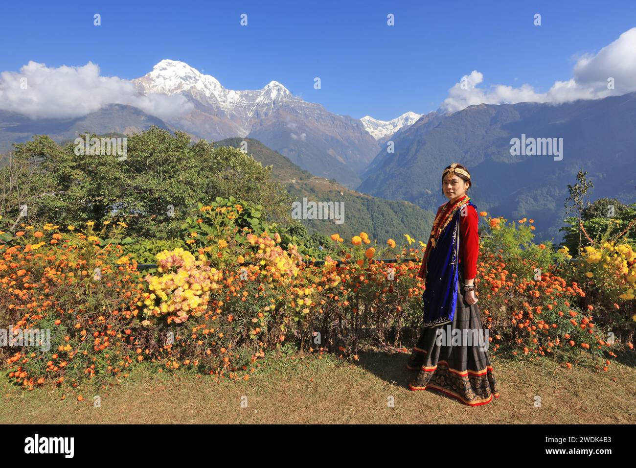 a girl with Gurung traditional dressing a Gurung village in Ghandruk ...