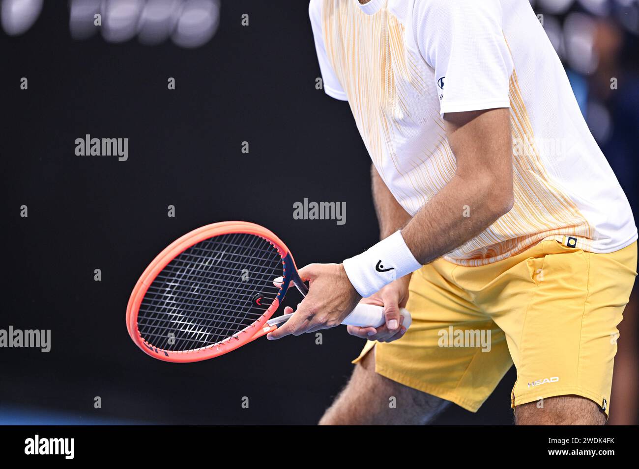 Illustration picture shows the body and racket of a male man player ...