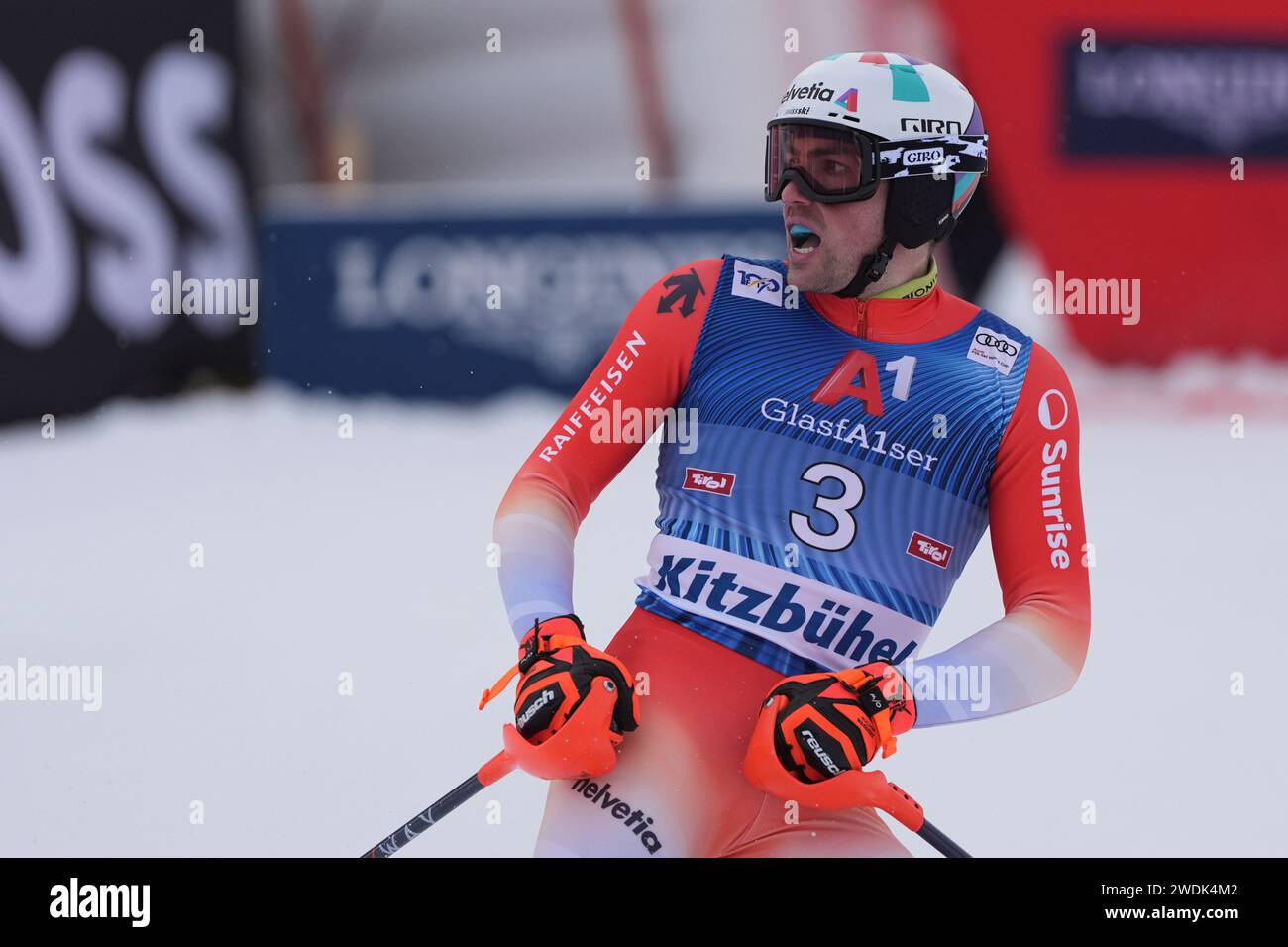 Switzerland's Daniel Yule checks his time at the finish area of an alpine ski, men's World Cup ...