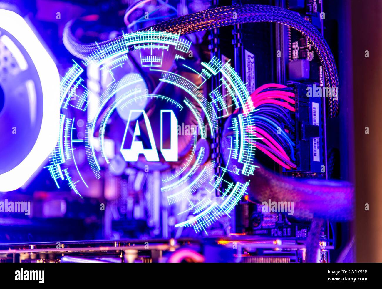 Pc cables of a desktop computer with AI hologram logo on the foreground ...