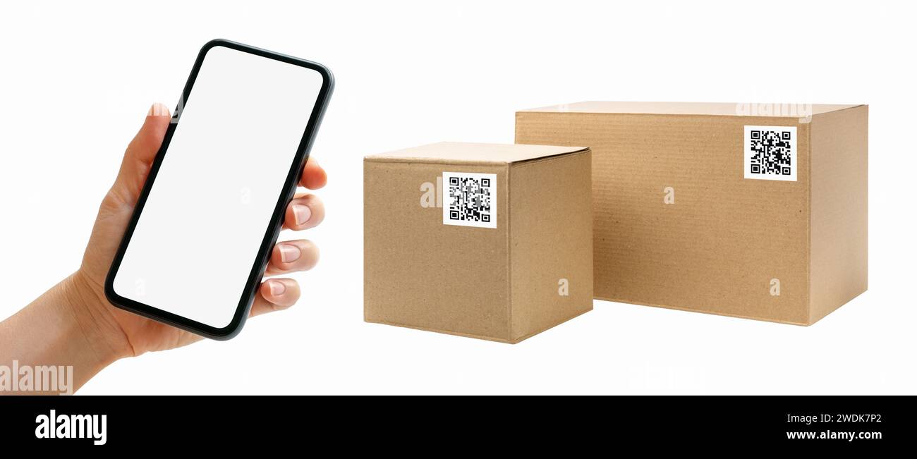 Scanning the QR code of the parcel with smartphone. Smart shipping and ...
