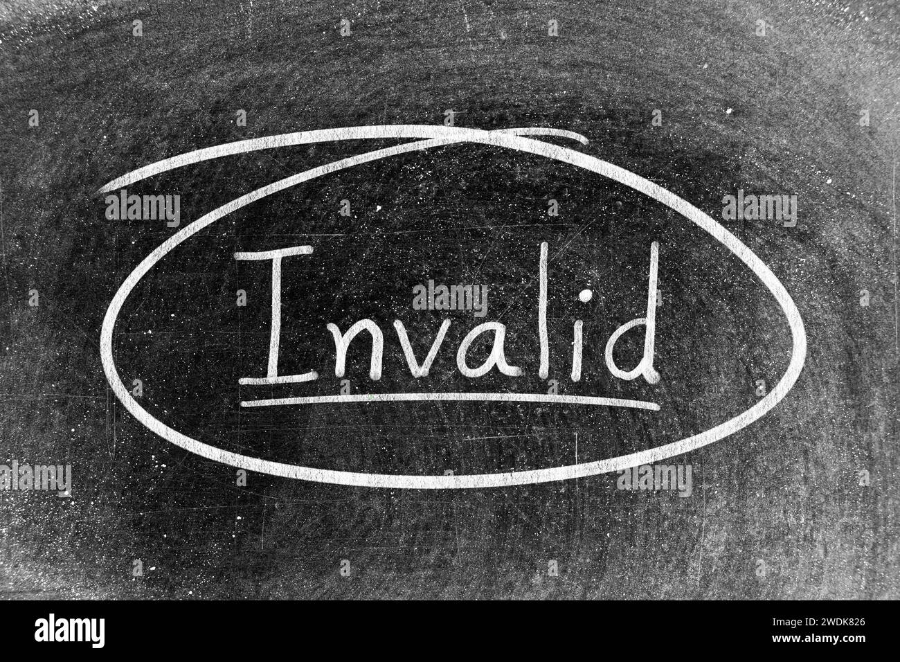 White chalk hand writing in word invalid and circle shape on blackboard ...