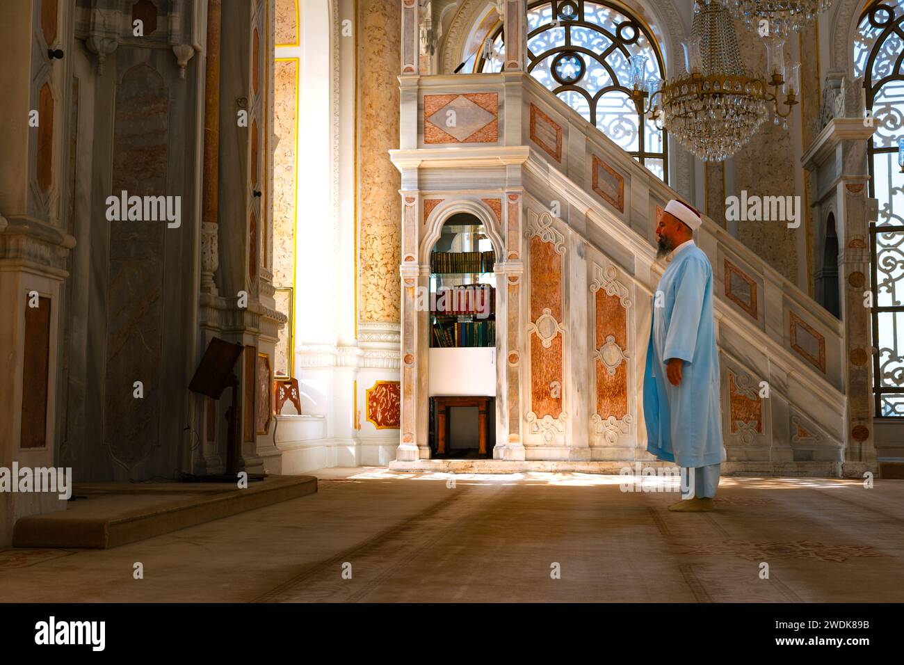 Islamic or ramadan concept photo. Muslim man praying in a mosque ...
