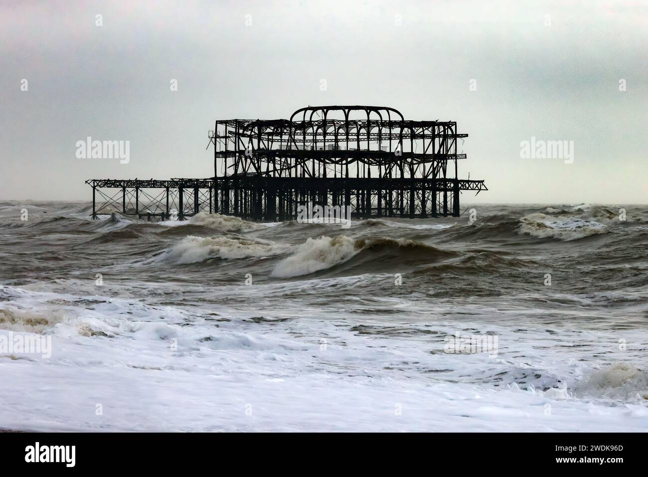 Hove , City of Brighton & Hove, East Sussex, UK. The West Pier battered ...