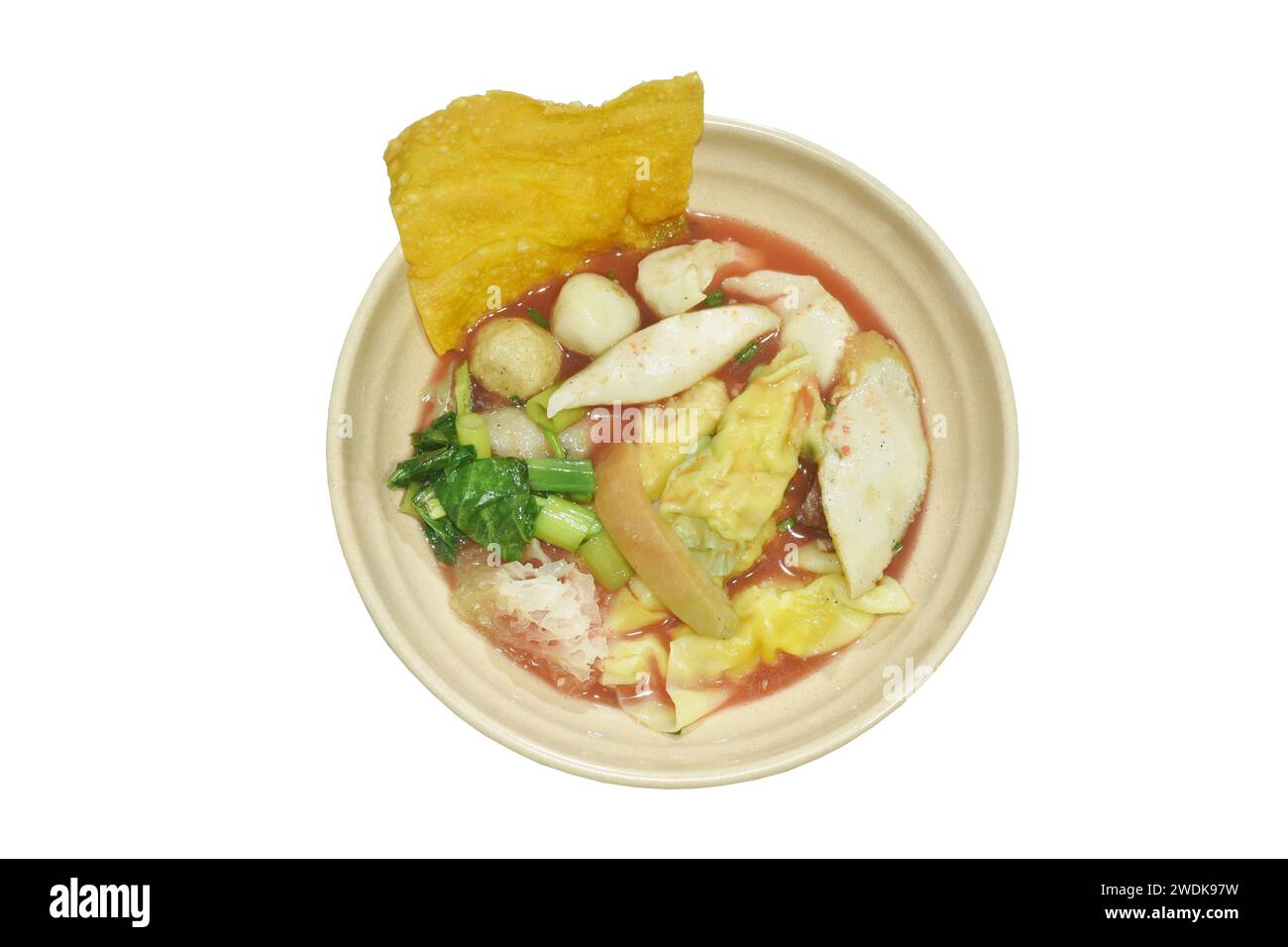 boiled Chinese pork dumpling with fish ball and morning glory vegetable ...