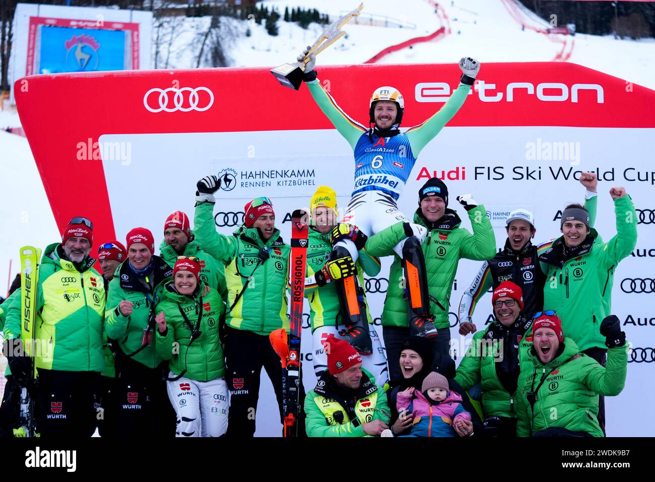 Germany's Linus Strasser, center, celebrates with the team after ...
