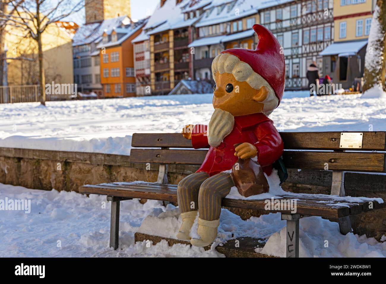 Sandman statue in front of the merchants bridge in Erfurt in winter ...