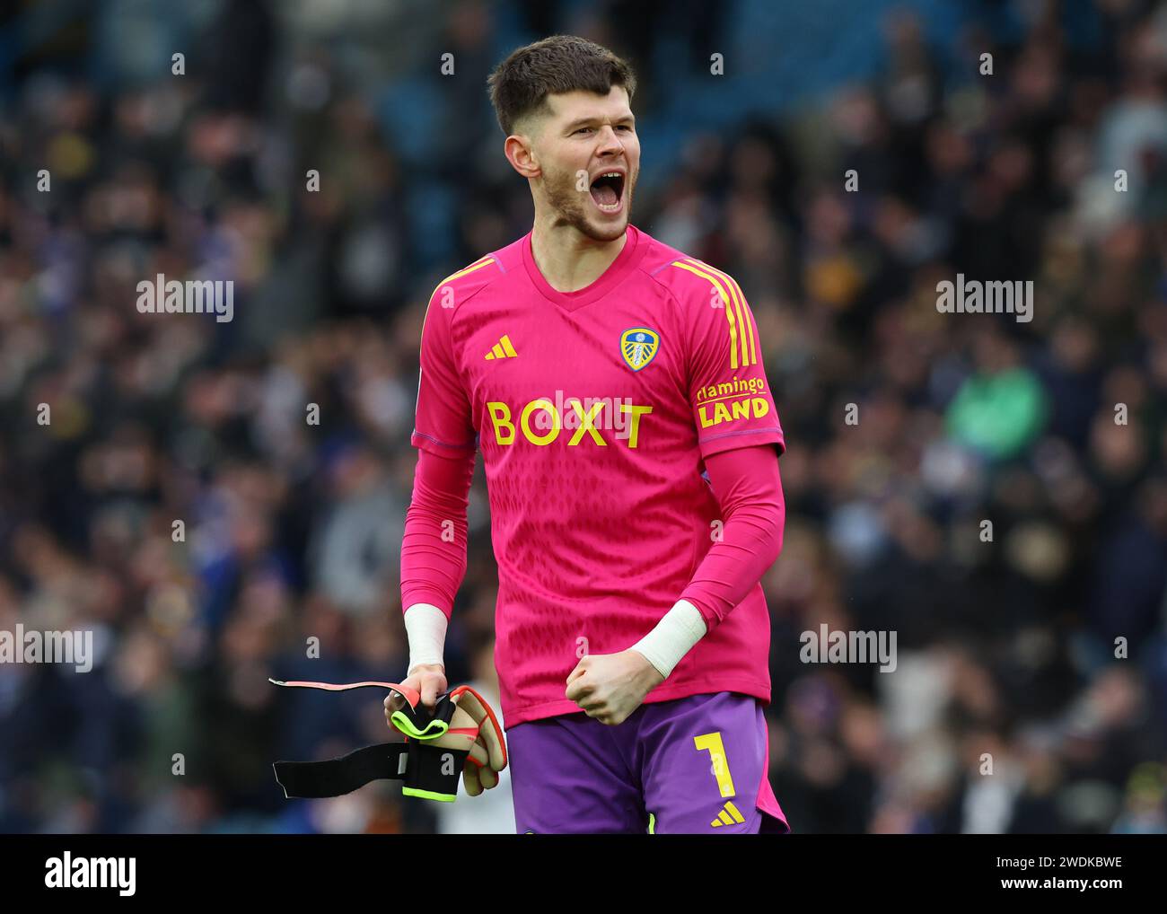 Leeds, UK. 21st Jan, 2024. Illan Meslier of Leeds United celebrates at ...