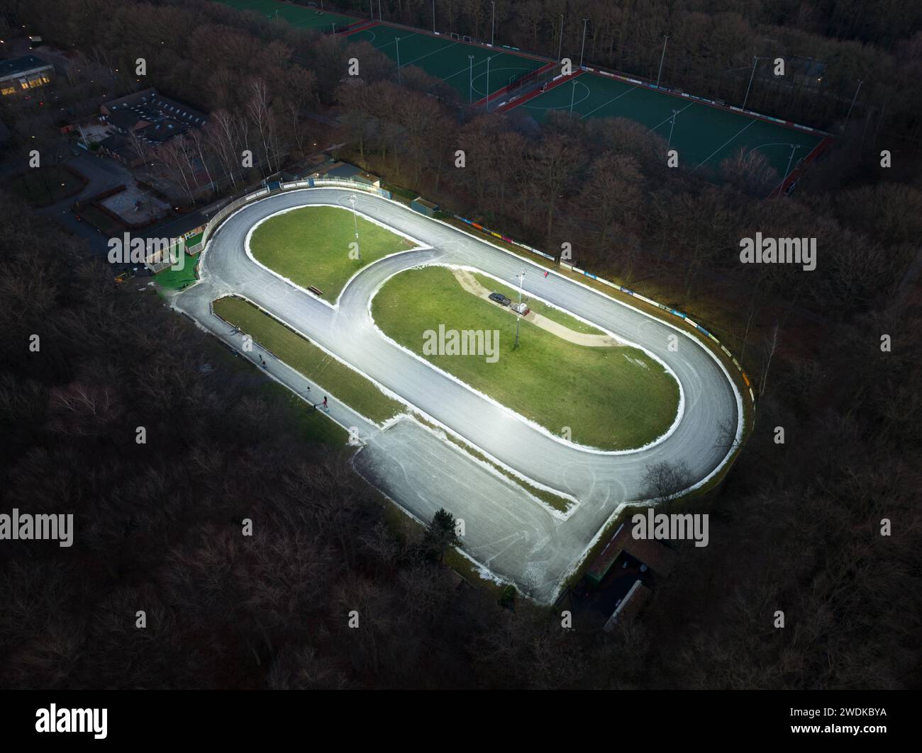 Oval ice skating rink, winter sport ice skating club track. Birds eye ...