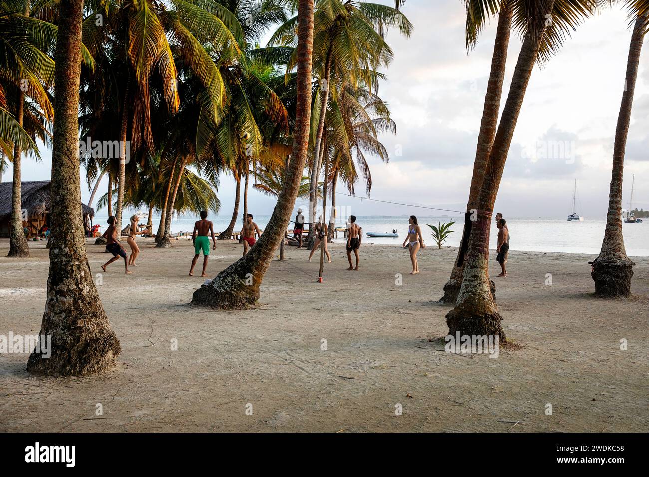 Group of tourists and locals playing beach volley at Guna Yala San Blas ...