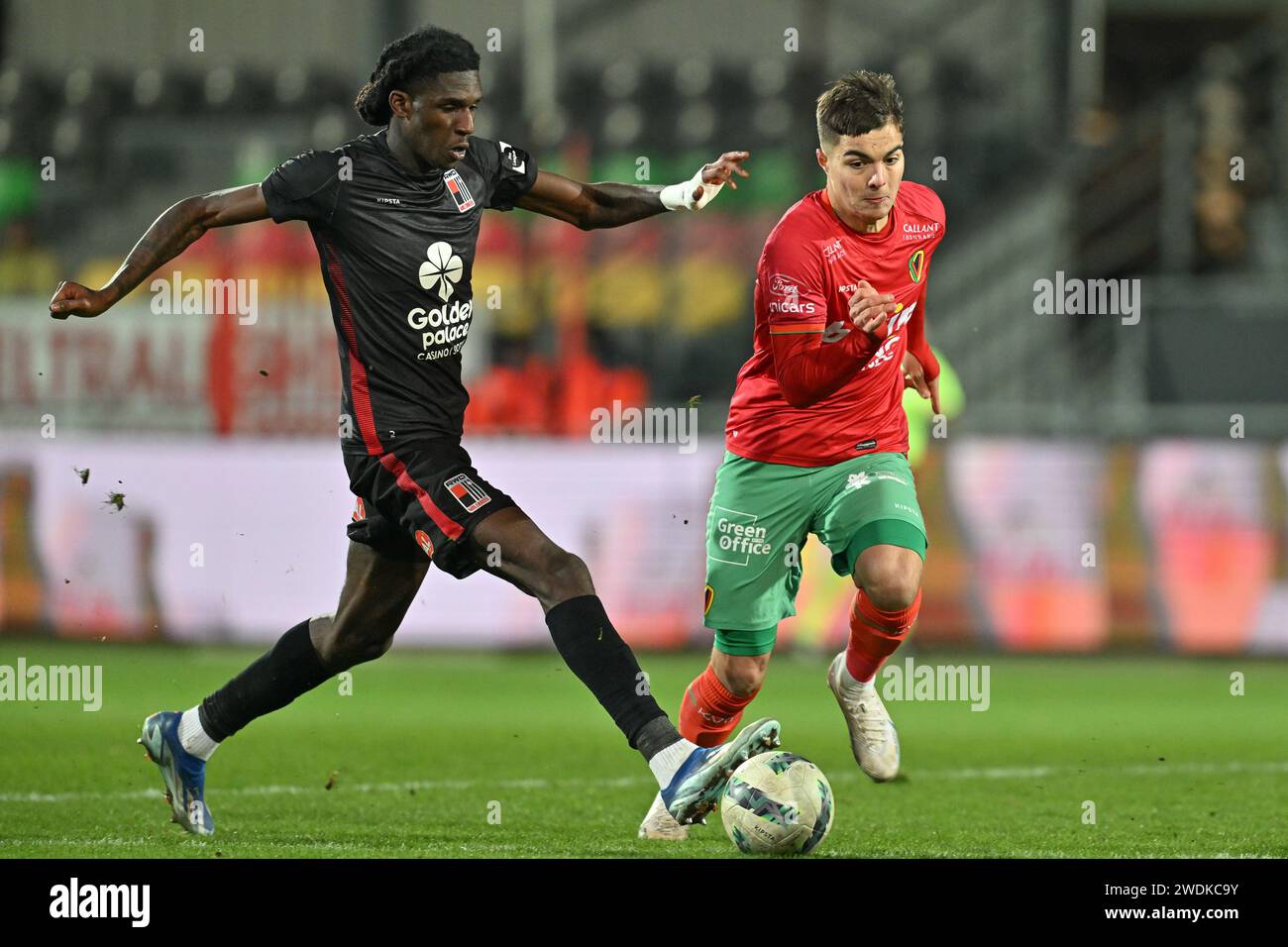 Oostende, Belgium. 17th Jan, 2024. Pierre Dwomoh (6) of RWDM and Andy ...