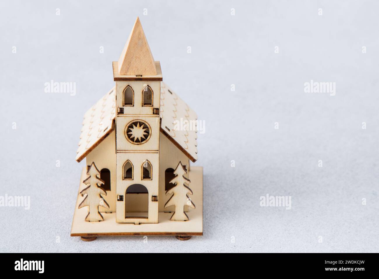 Toy church. Wooden chapel. Building model. Copy space background Stock ...