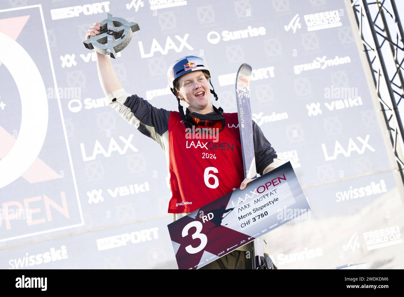 Max Moffatt of Canada celebrates on the podium after the final run of ...