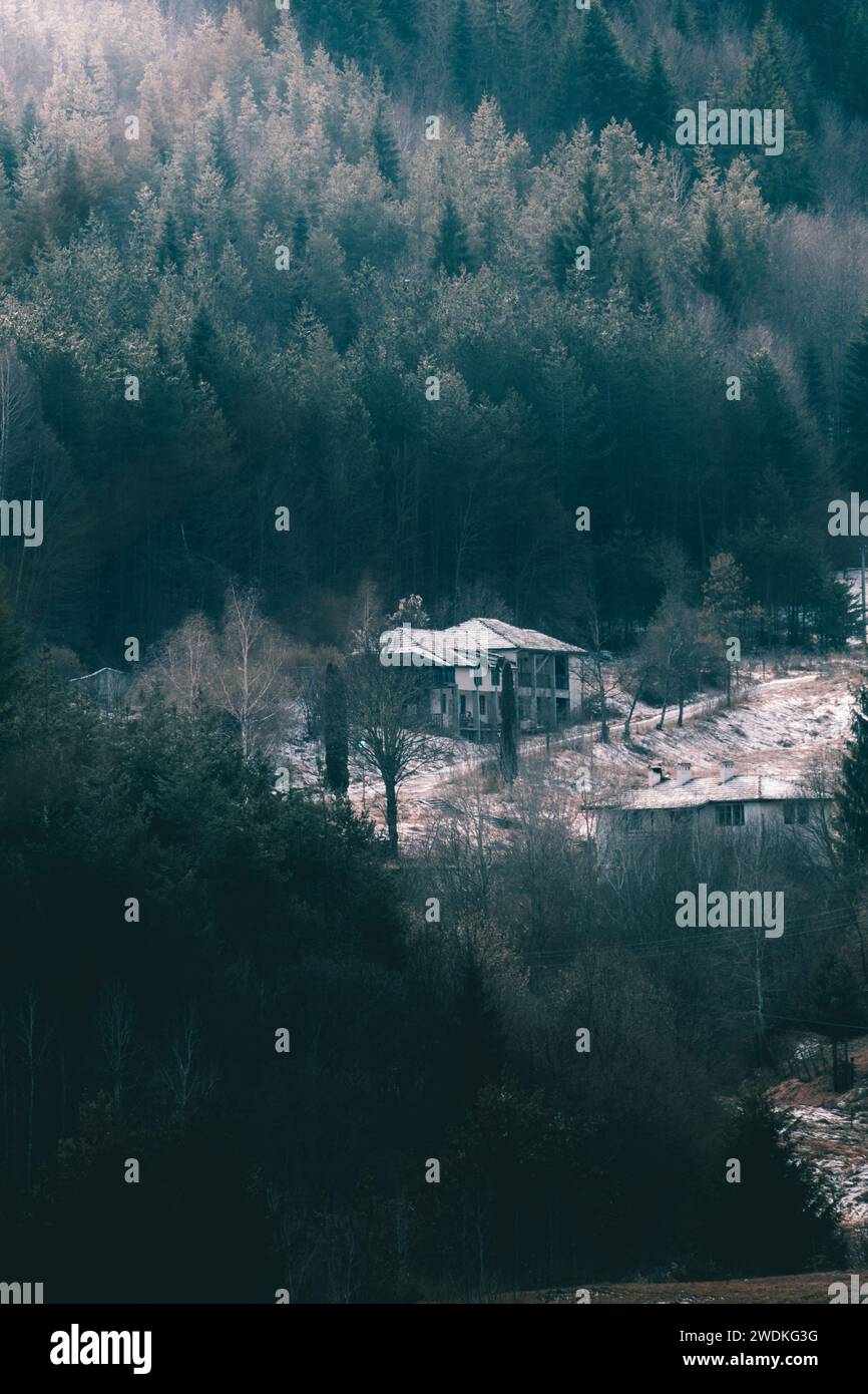 Cold scenery from afar during cold winter season with sunlight above ...